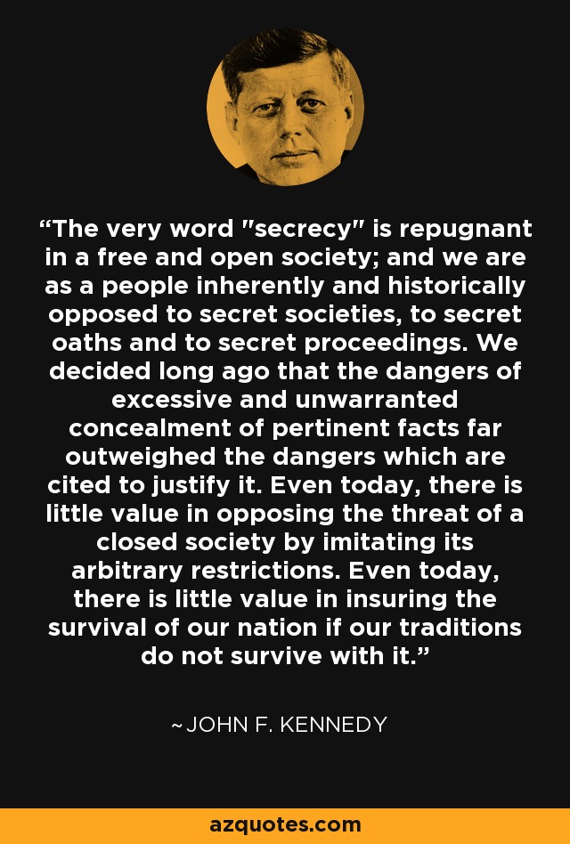John F Kennedy Quote The Very Word secrecy Is Repugnant In A Free John F Kennedy Quote The Very Word secrecy Is Repugnant In A Free